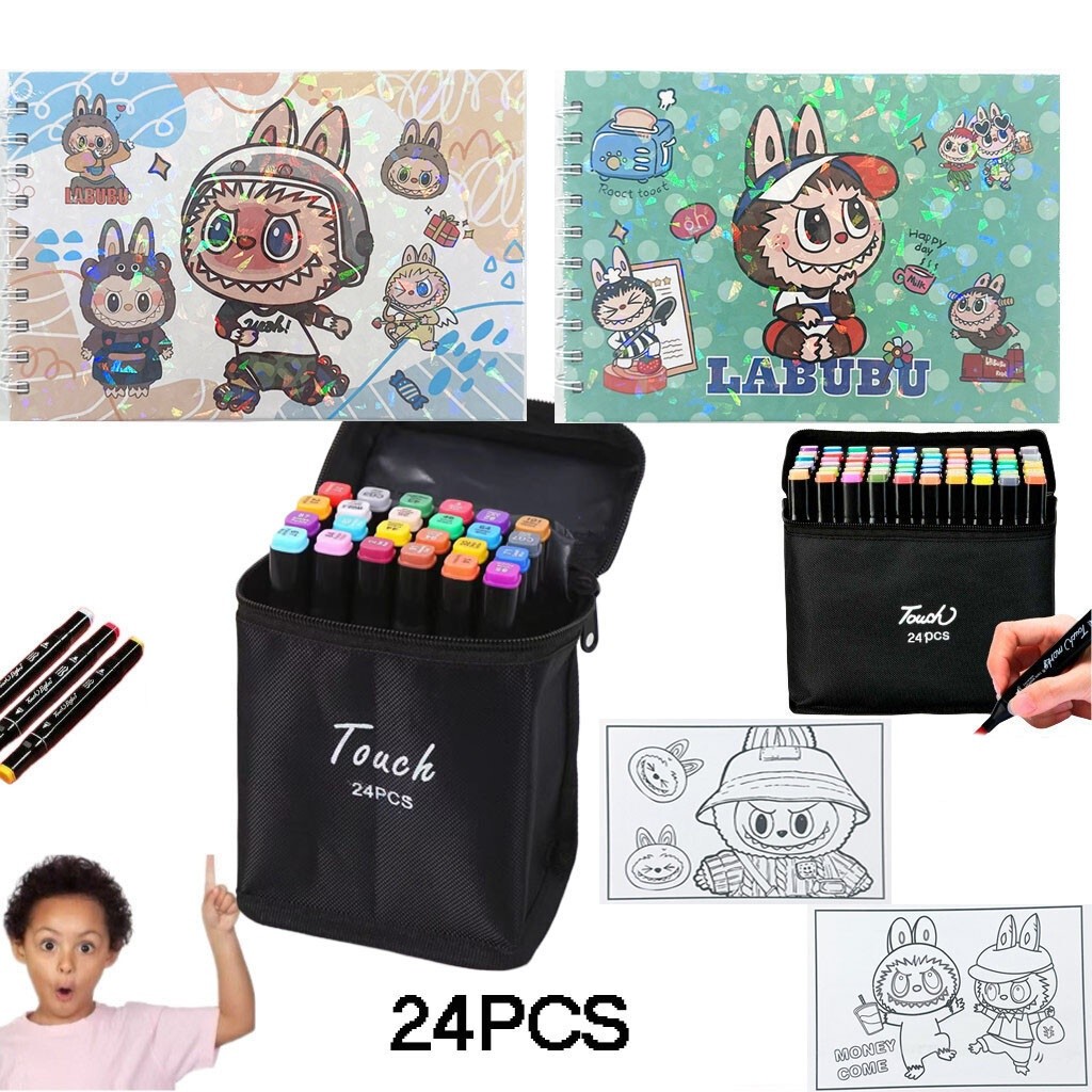 LABUBU Coloring Book Set with 48 Sheets of Drawing Paper and Markers 24 ...