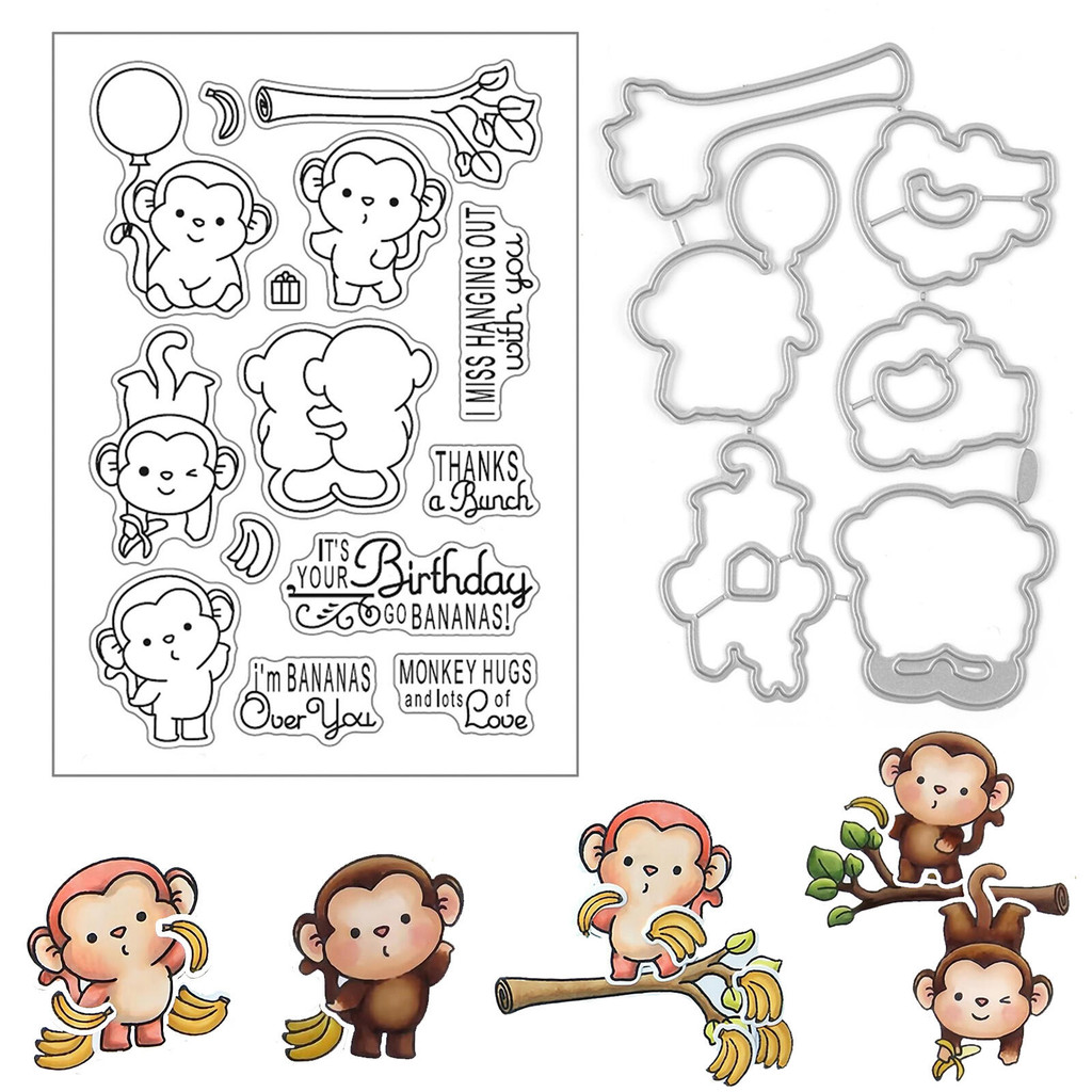 Cute Monkey Stamps and Dies Set, Cute Animal Design Clear Stamps for ...