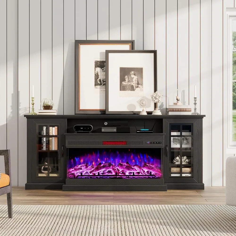 75in 3-sided Glass Fireplace Tv Stand For Tvs Up To 85, Rustic Media ...