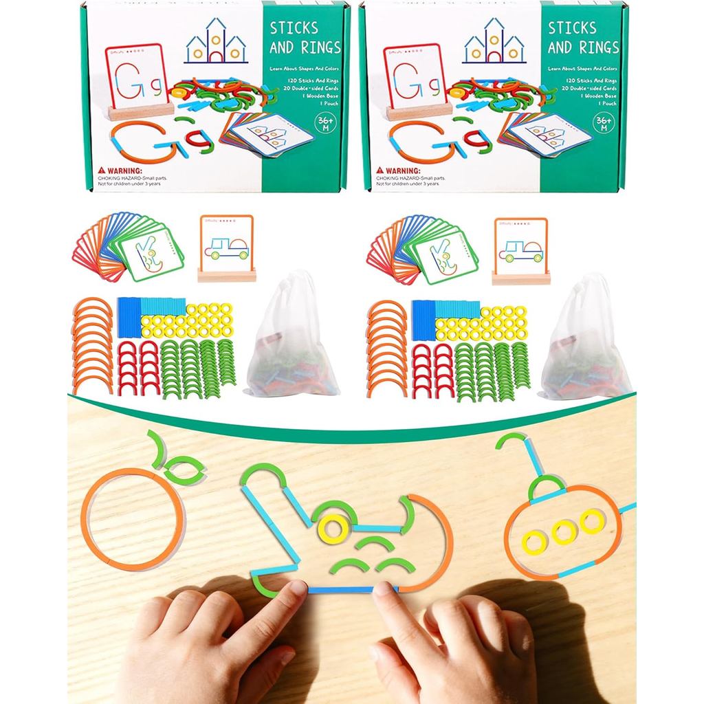 Montessori Smart Sticks, 142Pcs Wooden Pattern Blocks Shape Puzzles ...