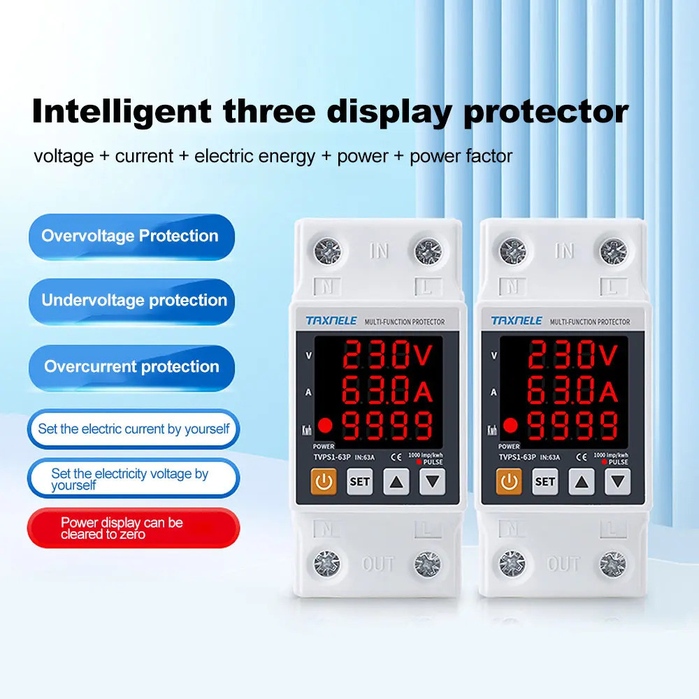 Din Rail 3 In 1 Display Adjustable Over Under Voltage Surge Protector ...