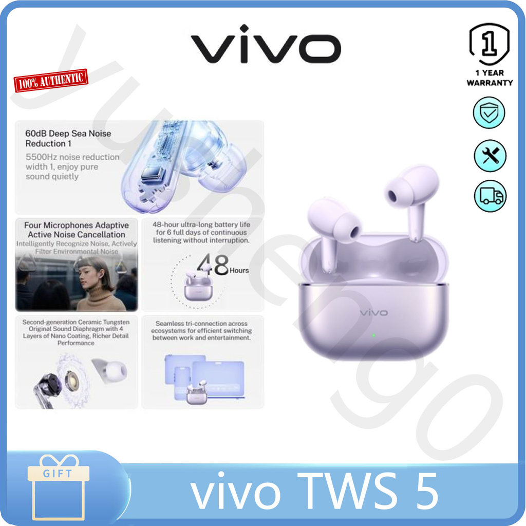 vivo TWS 5 Noise-cancelling Bluetooth headphones, new model | Shopee ...