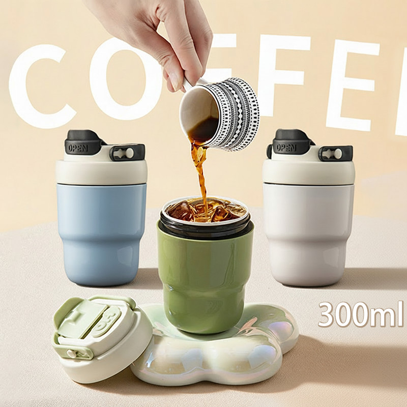 Simple Solid Color Coffee Cup Ceramic Inner Liner 300ml Thermos Cup ...