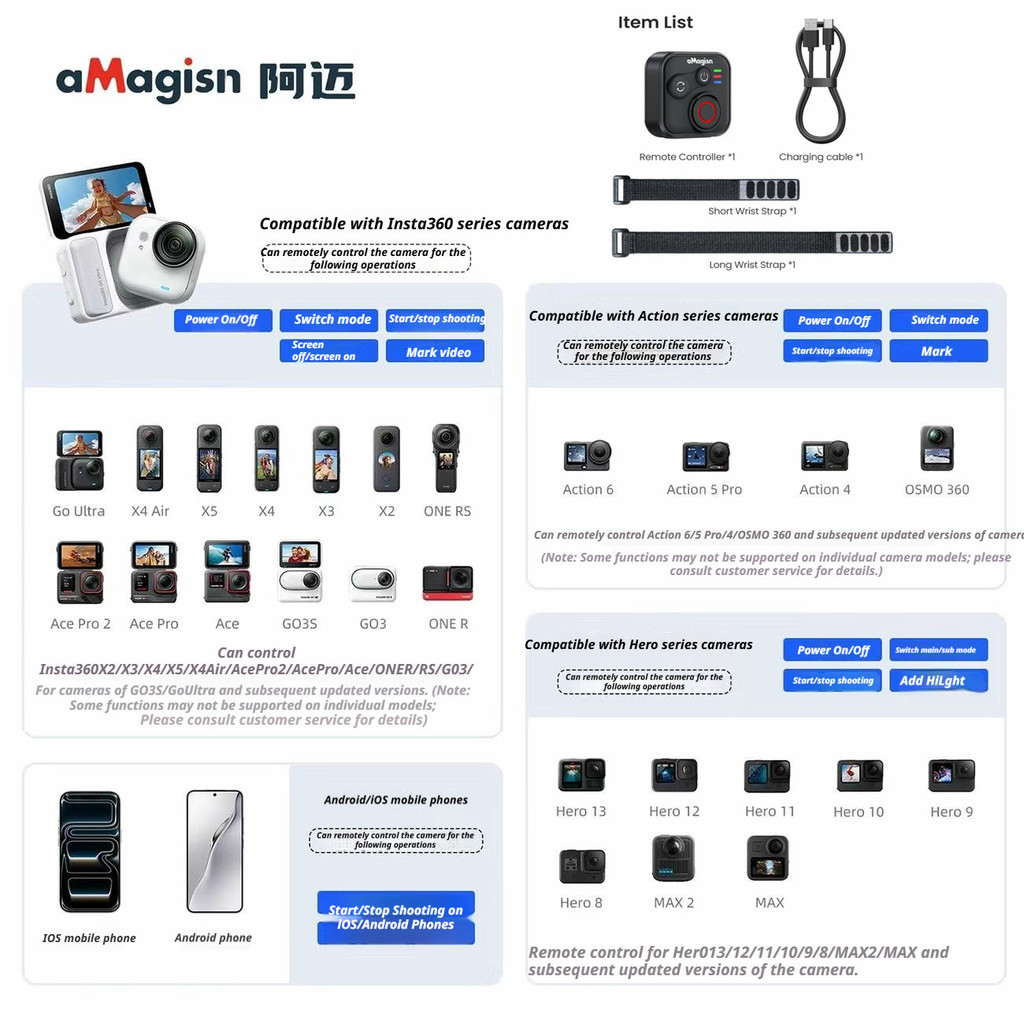 aMagisn 50M Bluetooth Remote Control For lnsta360 Go Ultra/X4 Air/X5/X4 ...