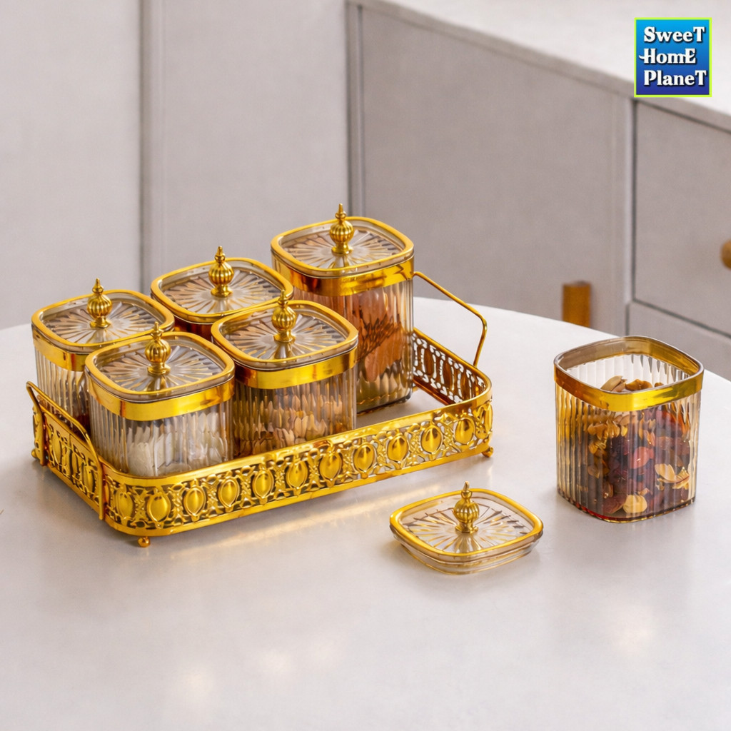 Luxury Gold Glass Storage 6 Jar Set with Tray Airtight Food Container ...