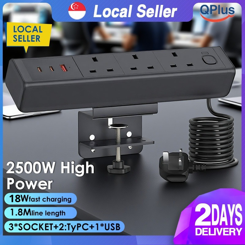 [SG] All-in-One Power Strip: 3 Sockets + 2 USB-C 18W +1 USB | Desk ...