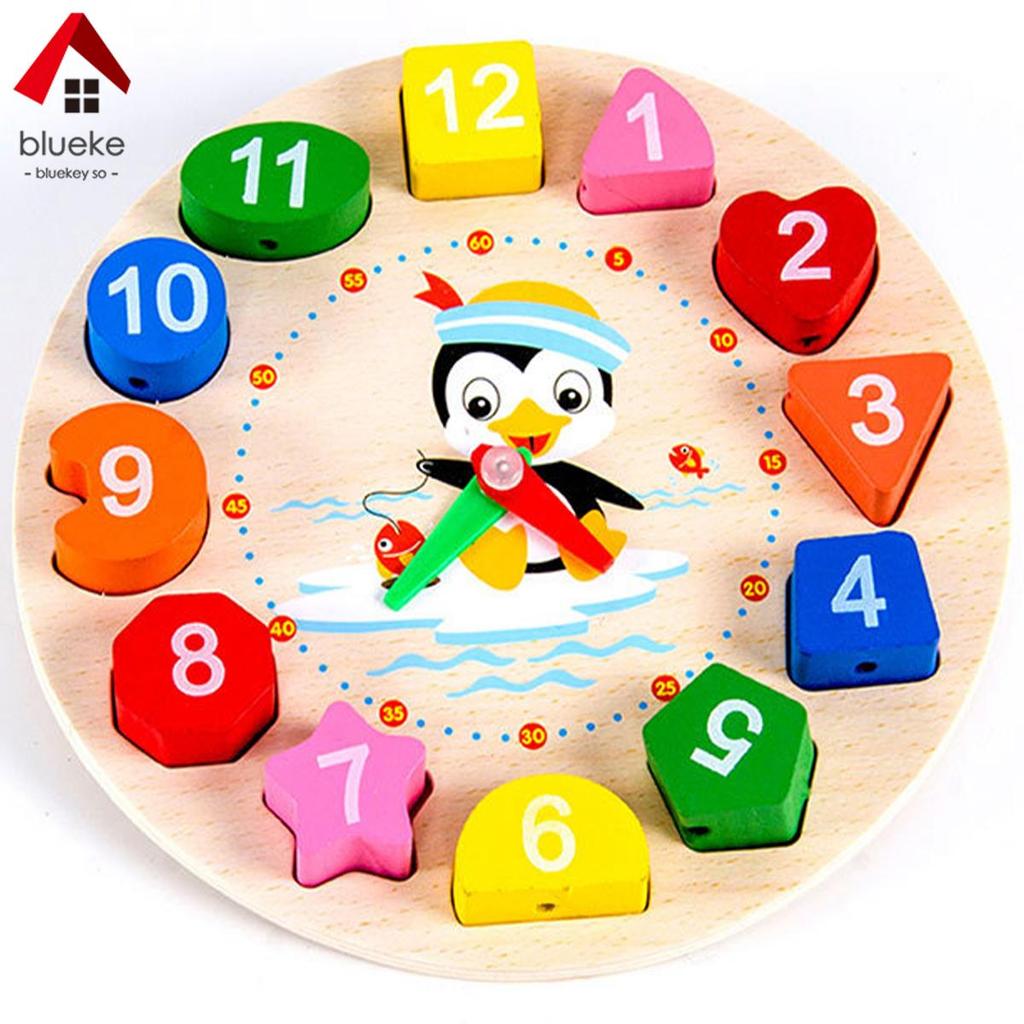 Wooden Shape Color Sorting Clock Teaching Time Number Blocks Clock ...