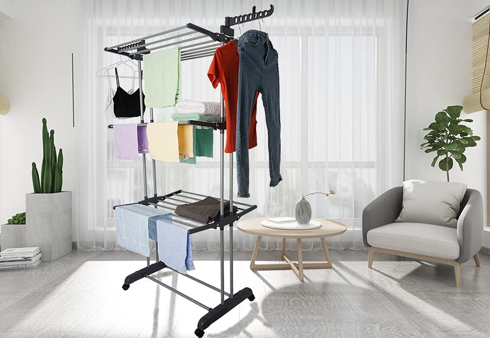 Laundry Three-layer Clothing Storage Racks Clothes Drying Folding Wing ...