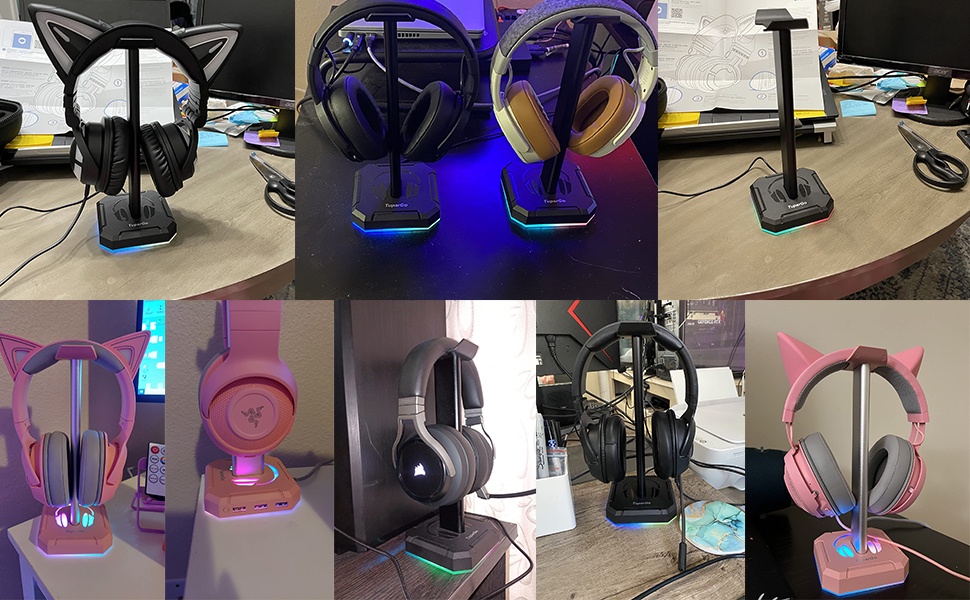 Pink Headphone Stand RGB Lights Gaming Headset holder with Three USB ...