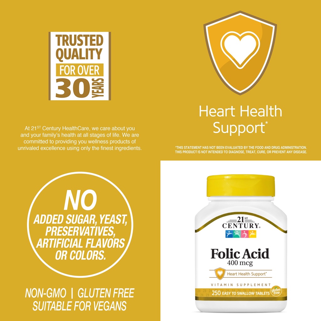 21st Century, Folic Acid, 400 mcg, Heart Health Support, Pregnancy ...