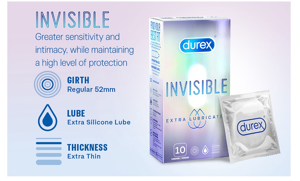 Durex Invisible Extra Lubricated Condoms (Thinnest) | Pack of 10 For ...