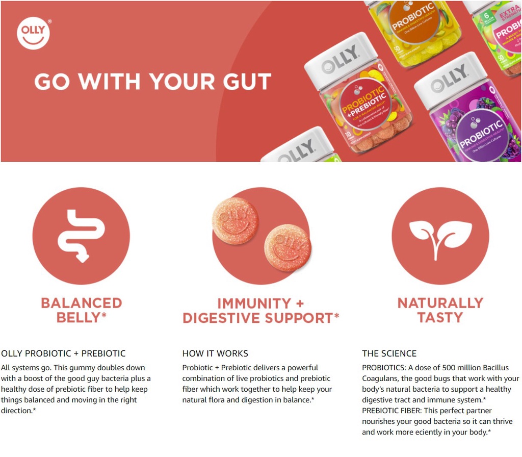 👍OLLY Probiotic + Prebiotic 30 Gummies Digestive Support Gut Health ...