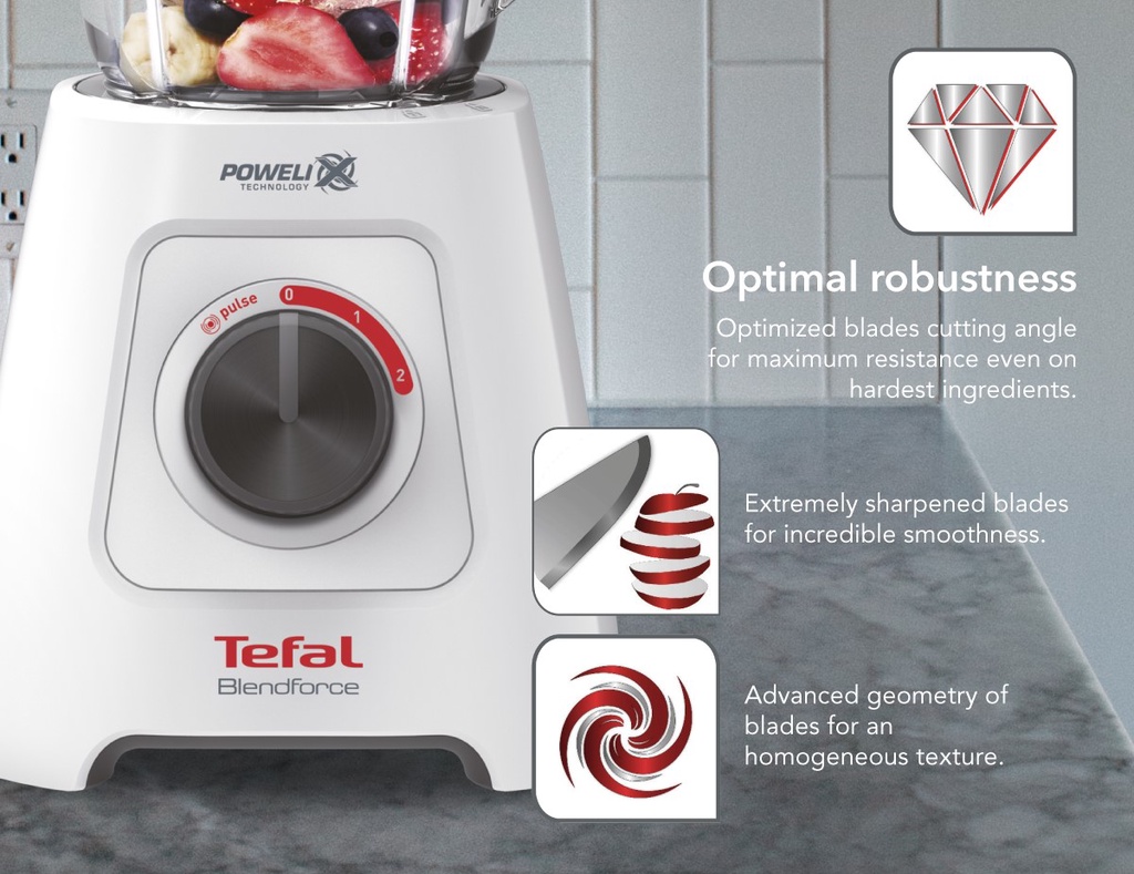 Tefal Blender Blendforce BL4271 - 600W, 2 speeds and pulse, 2L plastic jug, smart lock system, 6 ...