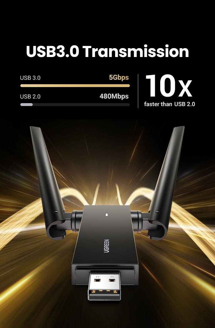 UGREEN WiFi Adapter USB3.0 AC1300Mbps 5G&2.4G Dual-Band USB WiFi for PC ...
