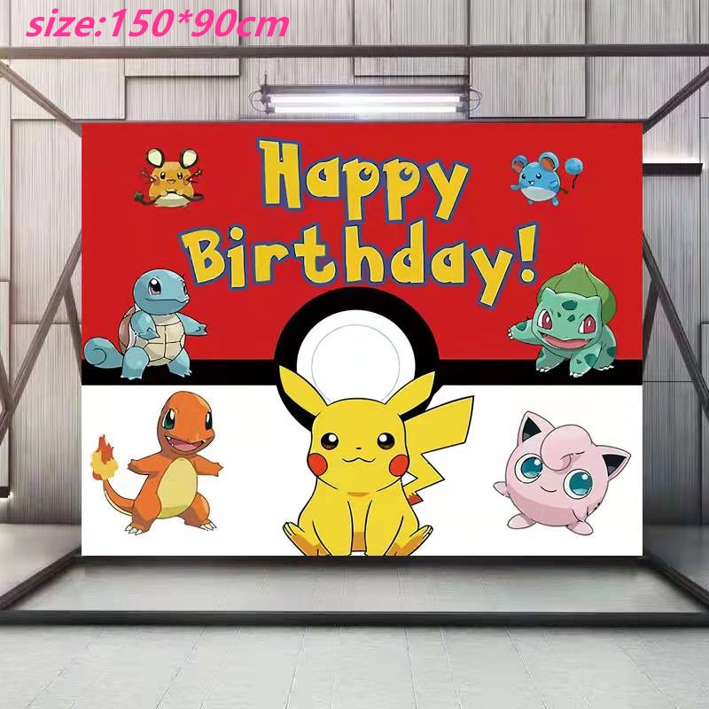 150*90cm Pokemon Birthday Party Backdrop Cartoon Pikachu Vinyl ...