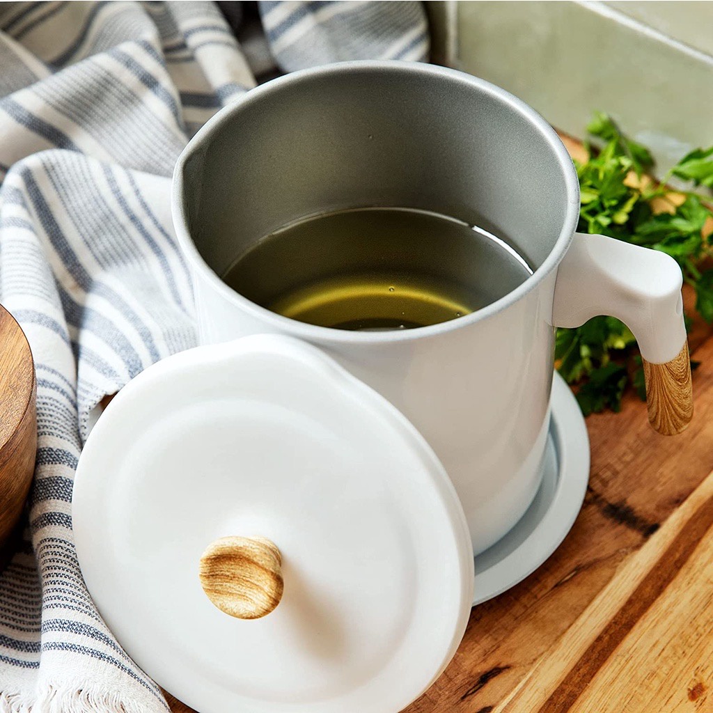 KEMORELA Cooking oil filter container Wooden handle white bekas penapis ...