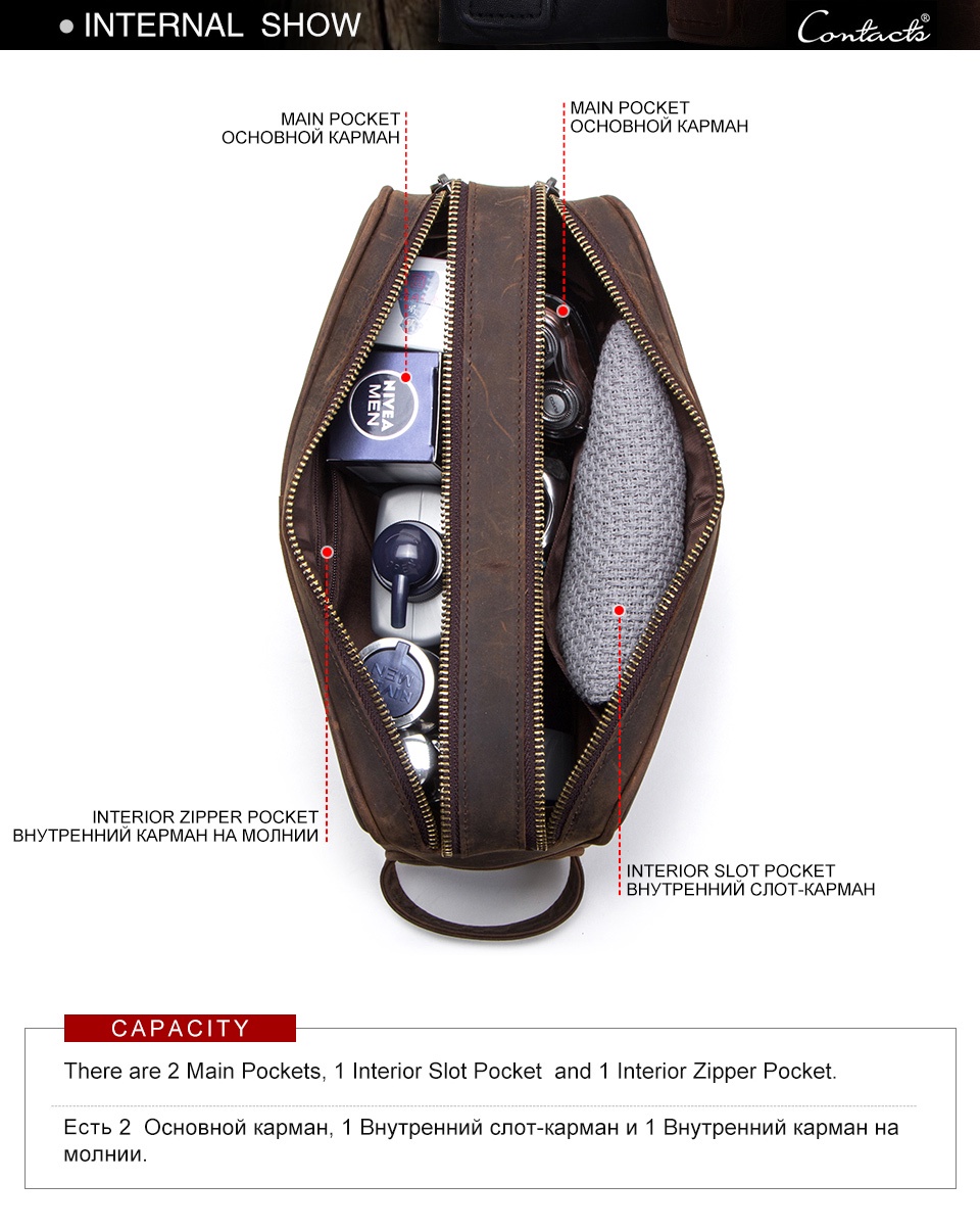 CONTACT'S Crazy Horse Genuine Leather Men's Cosmetic Bag Male Toiletry ...