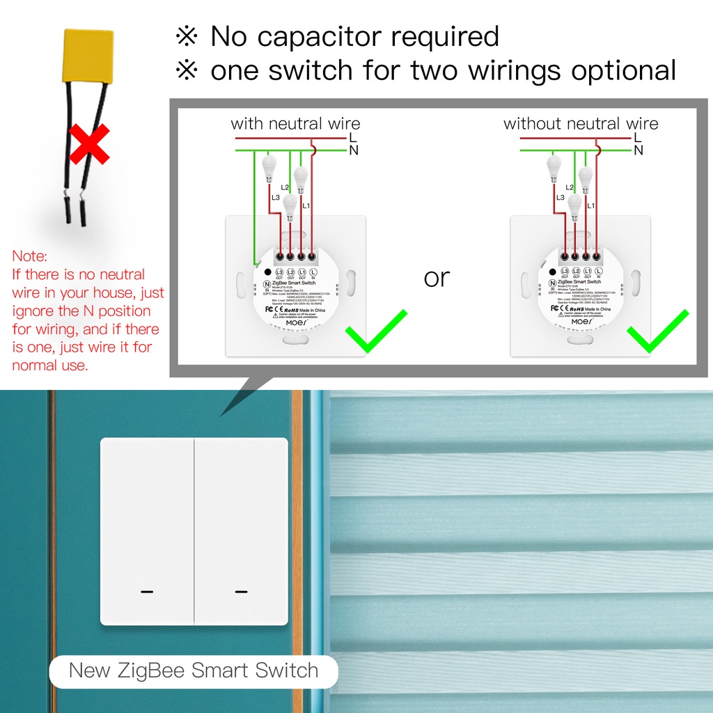 （Arrive in 3 days）MOES Smart Switch Tuya ZigBee Switch No Neutral Wire ...