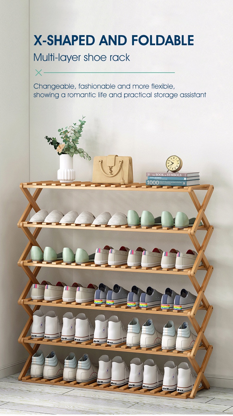 HXR Foldable Multi Layer Doorway Bamboo Shoe Rack Wooden Shoes Storage ...