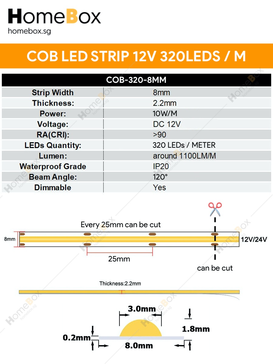 Homebox 🇸🇬 12V / 24V COB LED Striplight Strip Light 5 meters 10 meter ...