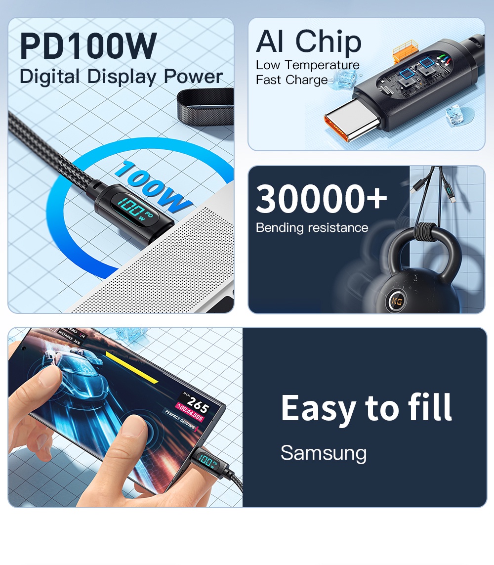 Essager 5A 100W Type C to Type C Cable Digital Display QC PD Fast ...