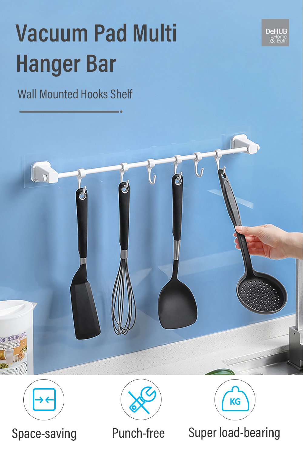 KOREA DeHUB Kitchen Bathroom Vacuum Pad Multi Hanger Bar Wall Mounted ...