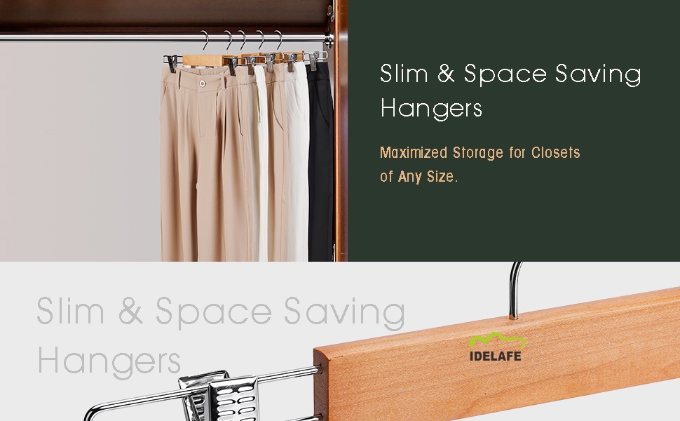 Idelafe 10pcs High-Grade Wooden Pants Hangers with Metal Clips Grip ...