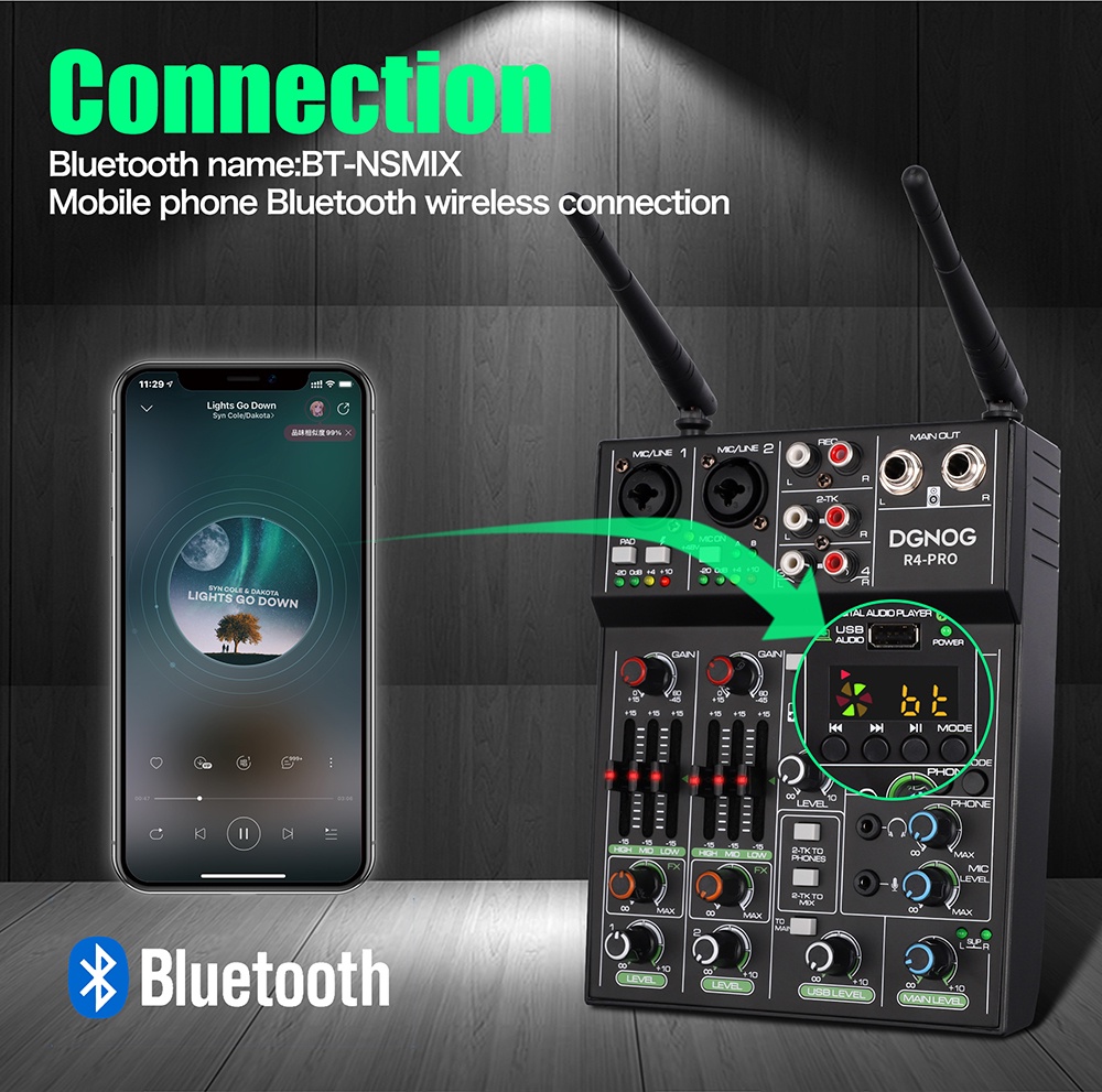 4 Channel USB Audio Mixer with Wireless Microphone Studio Sound Mixers ...