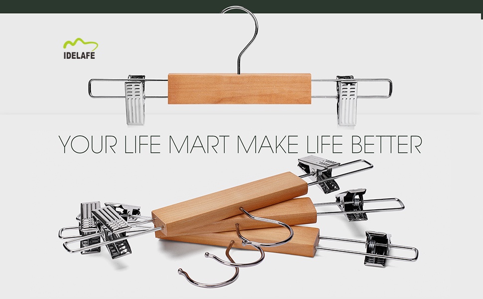 Idelafe 10pcs High-Grade Wooden Pants Hangers with Metal Clips Grip ...