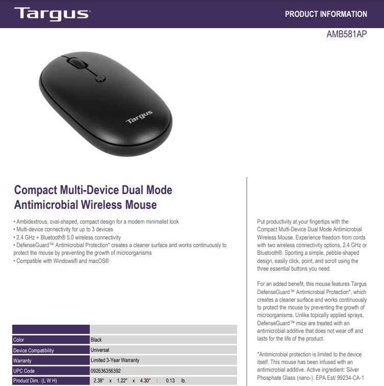 Targus B581 ( Replacement of B580 AMB580 ) Bluetooth Mouse AMB581AP ...
