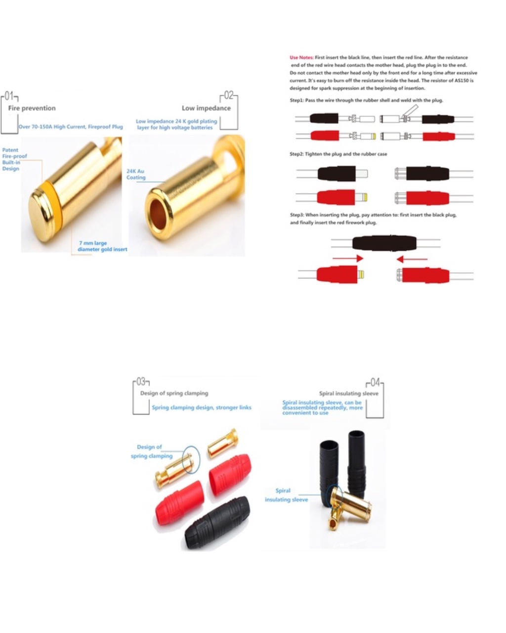 Amass AS150 Connector plugs Anti-Spark Gold Bullet 7mm Connector Plugs ...