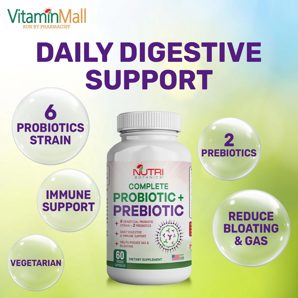 Nutri Botanics Prebiotic Probiotic Supplement - 6 Strain Probiotics - Digestive Gut Health - 60 ...