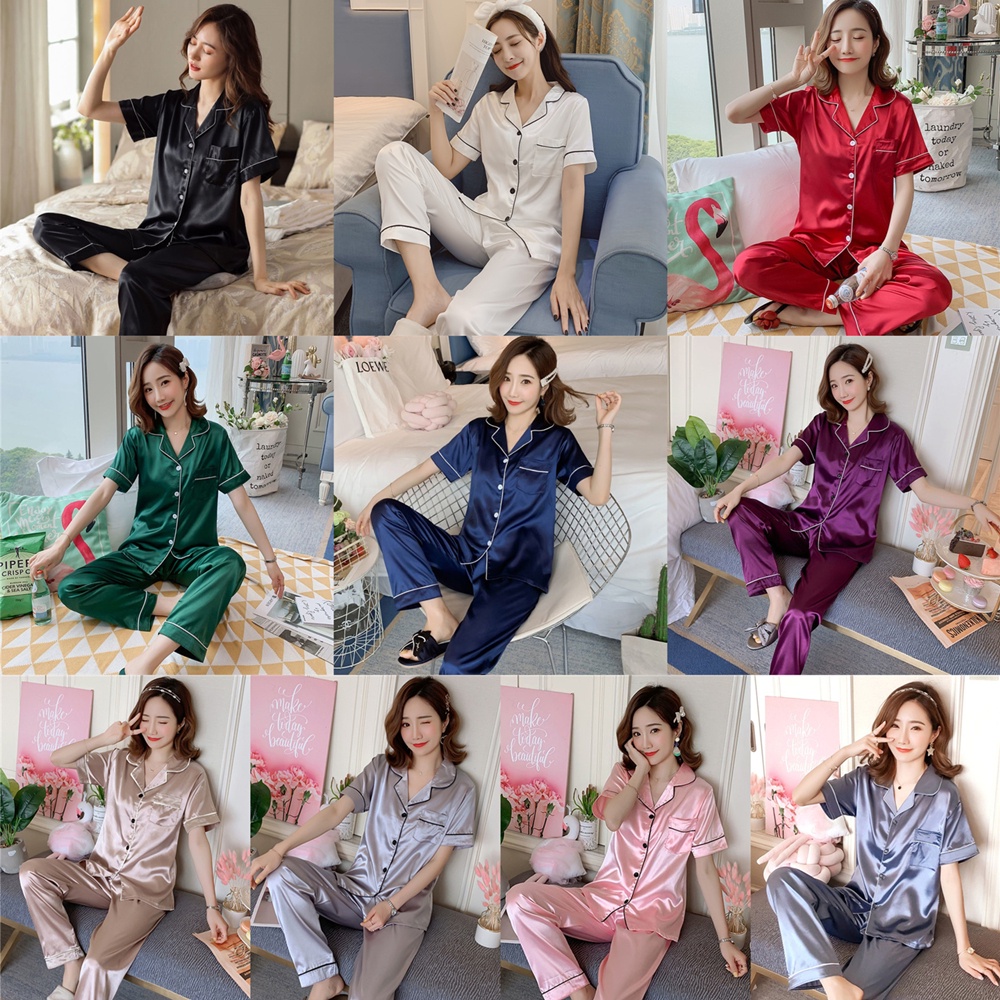 Silk Satin Short Sleeve Pyjamas Women Plain Simple style Pajamas Set ...