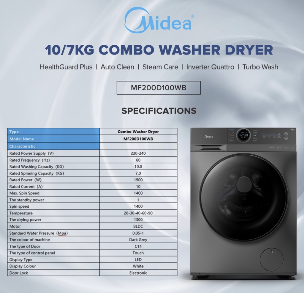 Midea 10/7Kg Combo Washer Dryer MF200D100WB | Shopee Singapore