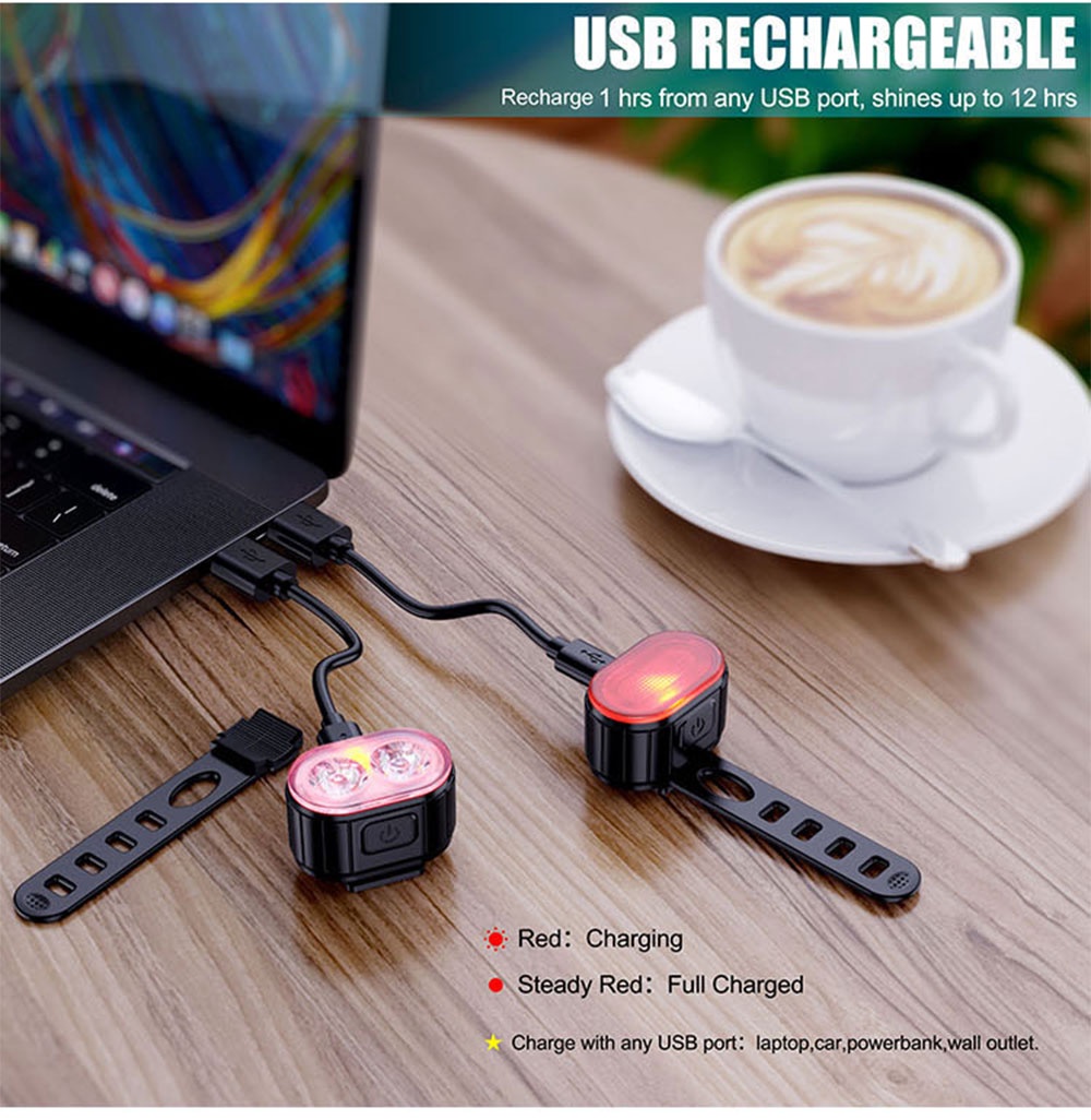 Cycling Bicycle Front Rear Light Set Bike USB Charge Headlight Light ...