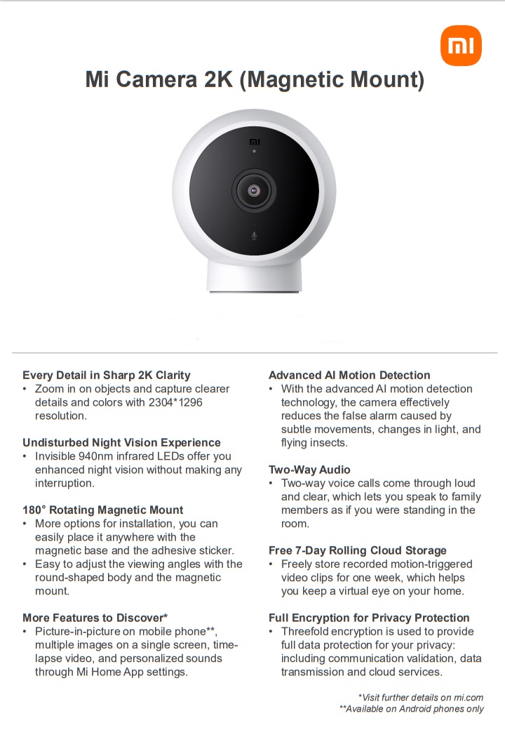 Mi Camera 2K Magnetic Mount | Ultra Clear 2K Images | Two Ways Voice ...