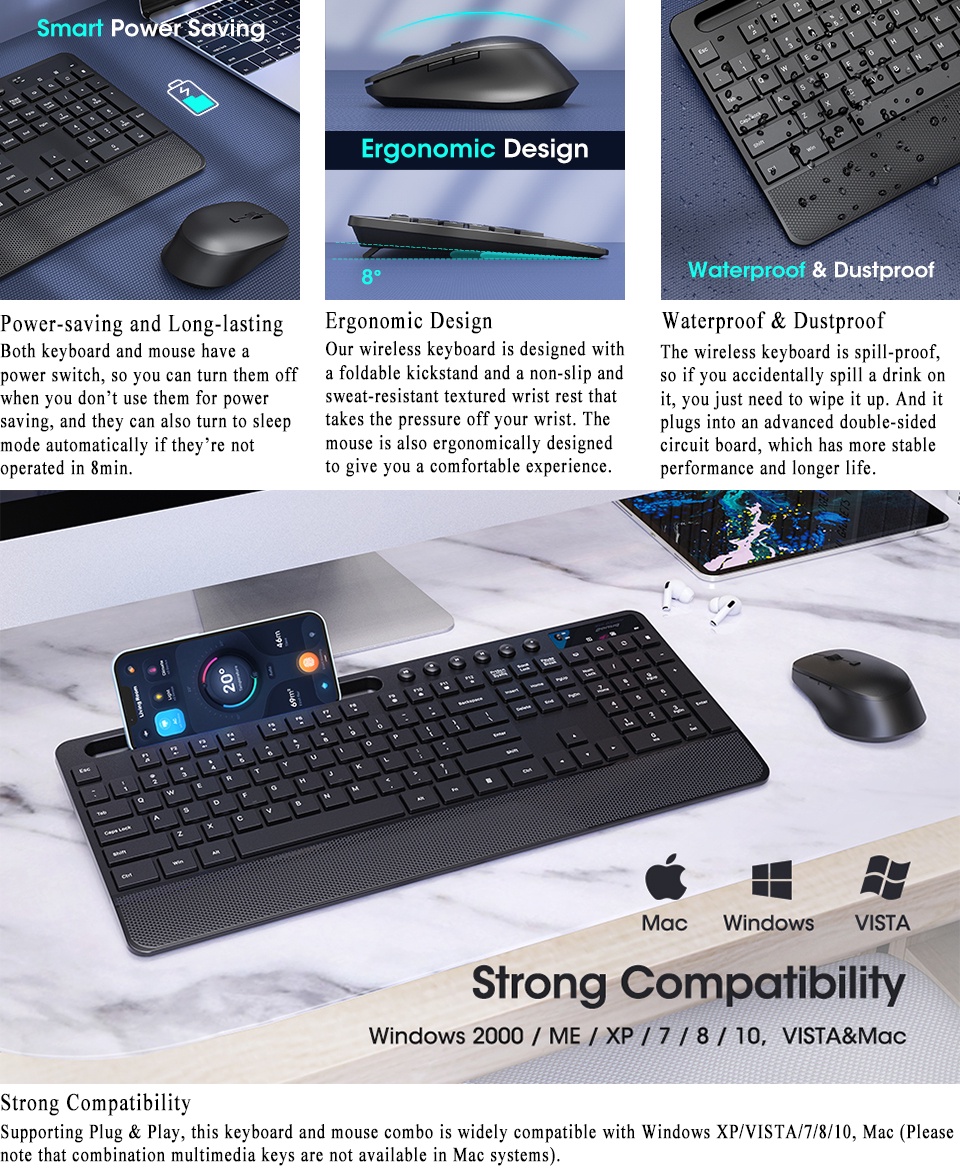 VictSing PC321 Wireless Keyboard and Mouse Combo, 2.4GHz Lag-free ...