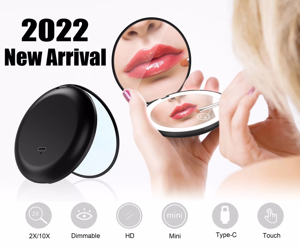 Mini Portable Folding Travel Pocket Makeup Mirror With Led Light Round ...