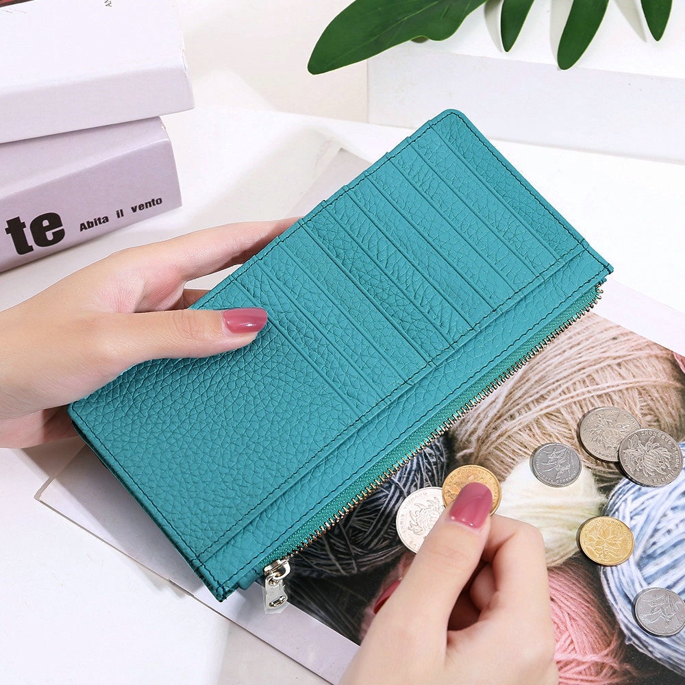 Simple Ultra-Thin Women's Long Wallet Leather Zipper Wallet Cowhide ...