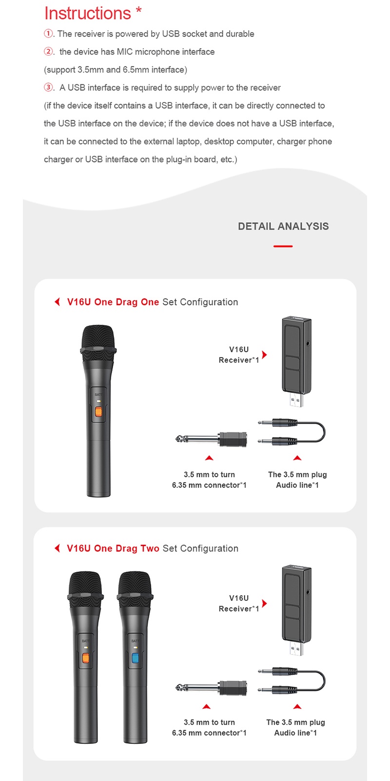 VHF Wireless Microphone System Kits USB Receiver Handheld Karaoke ...