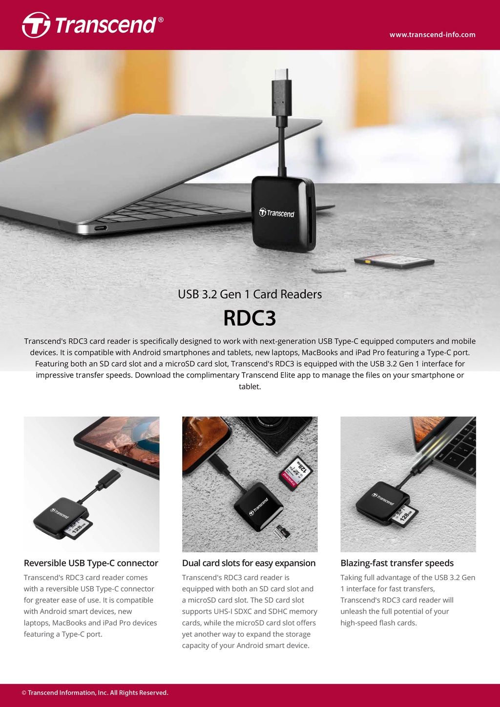 Transcend USB 3.2 Gen 1 USB Type-C Multifunctional Card Reader TS-RDC3 ...