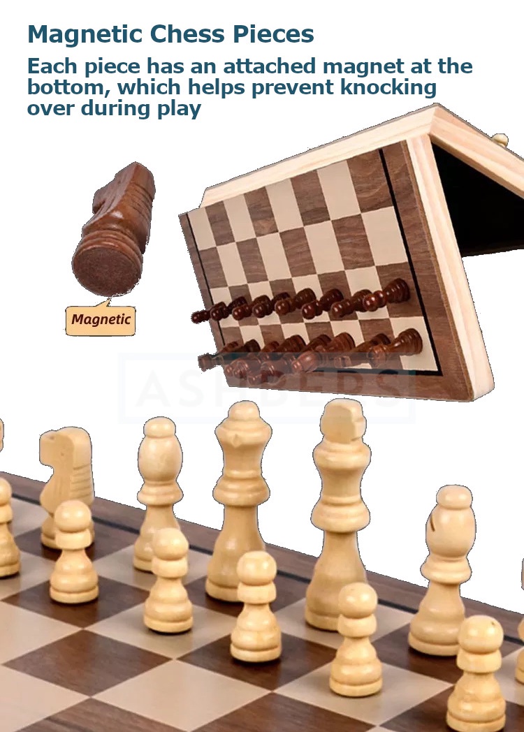 Premium Magnetic Foldable Wooden Chess & Checkers Set, 2 in 1 Board Game with Felted Interior ...