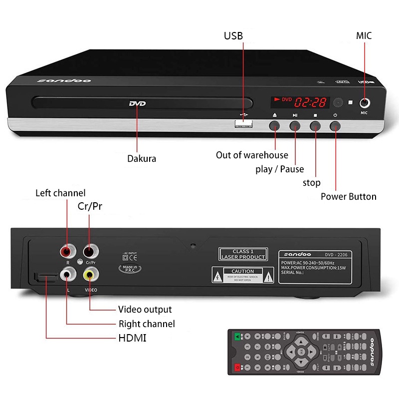 DVD Player VCD CD Disc Media Player Machine with HDMI AV Output Remote ...