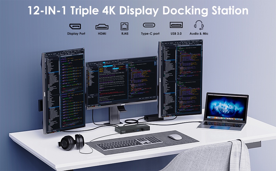 Wavlink USB-C Displaylink Universal Triple 4K Display Docking Station 12-IN-1 Hub Supports 3 ...
