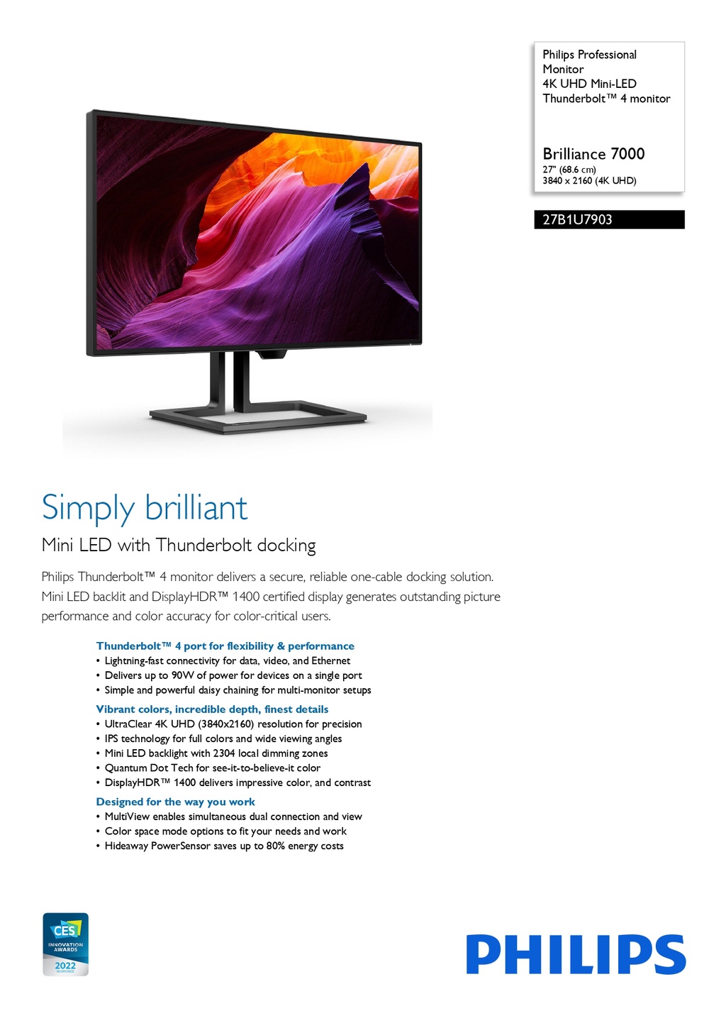 Philips 27B1U7903 27" UHD Mini LED Quantum Dot Color ThunderBolt 4 ...