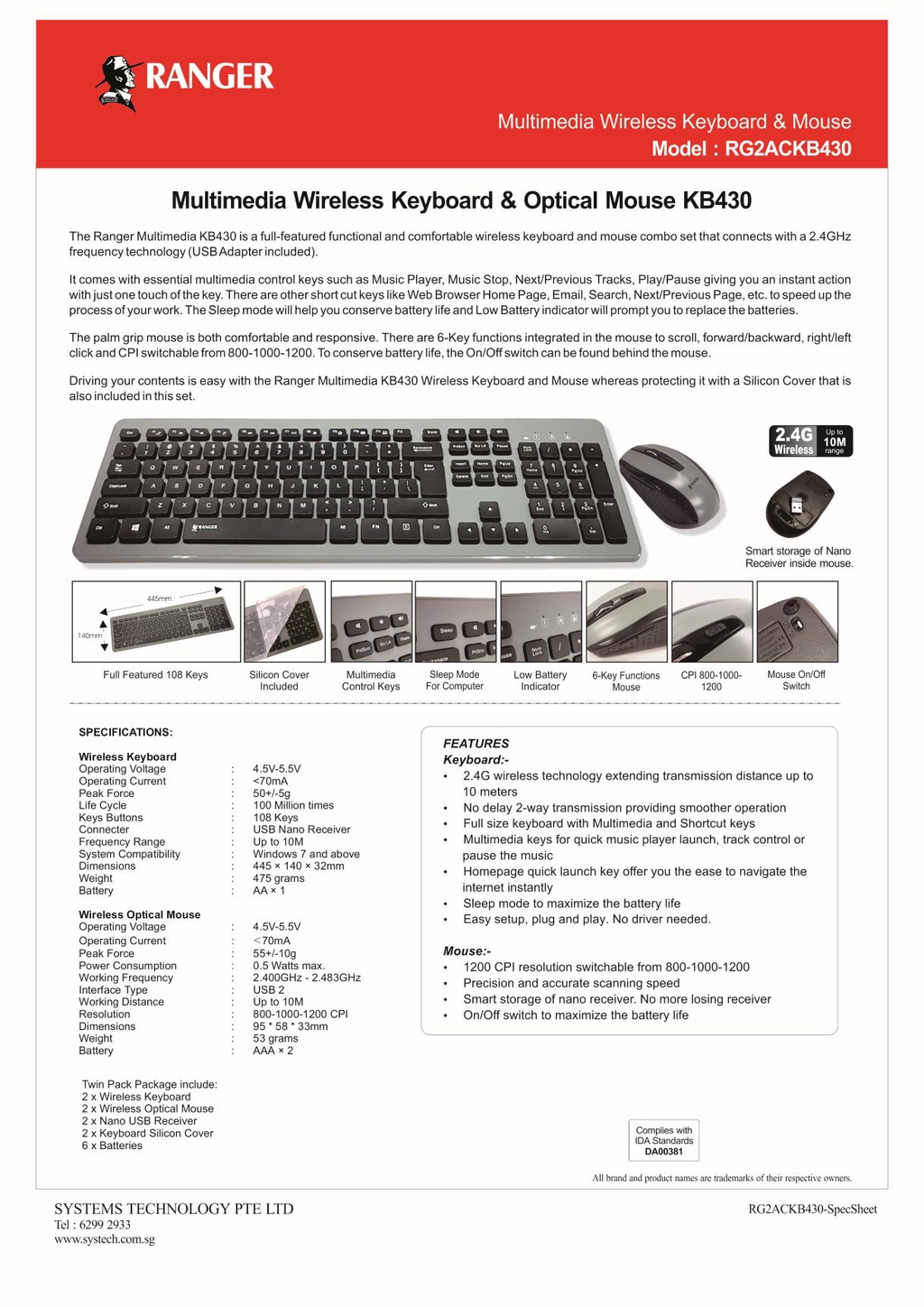 Ranger Wireless Keyboard KB430. Twin Pack.with Mouse (6 keys ...
