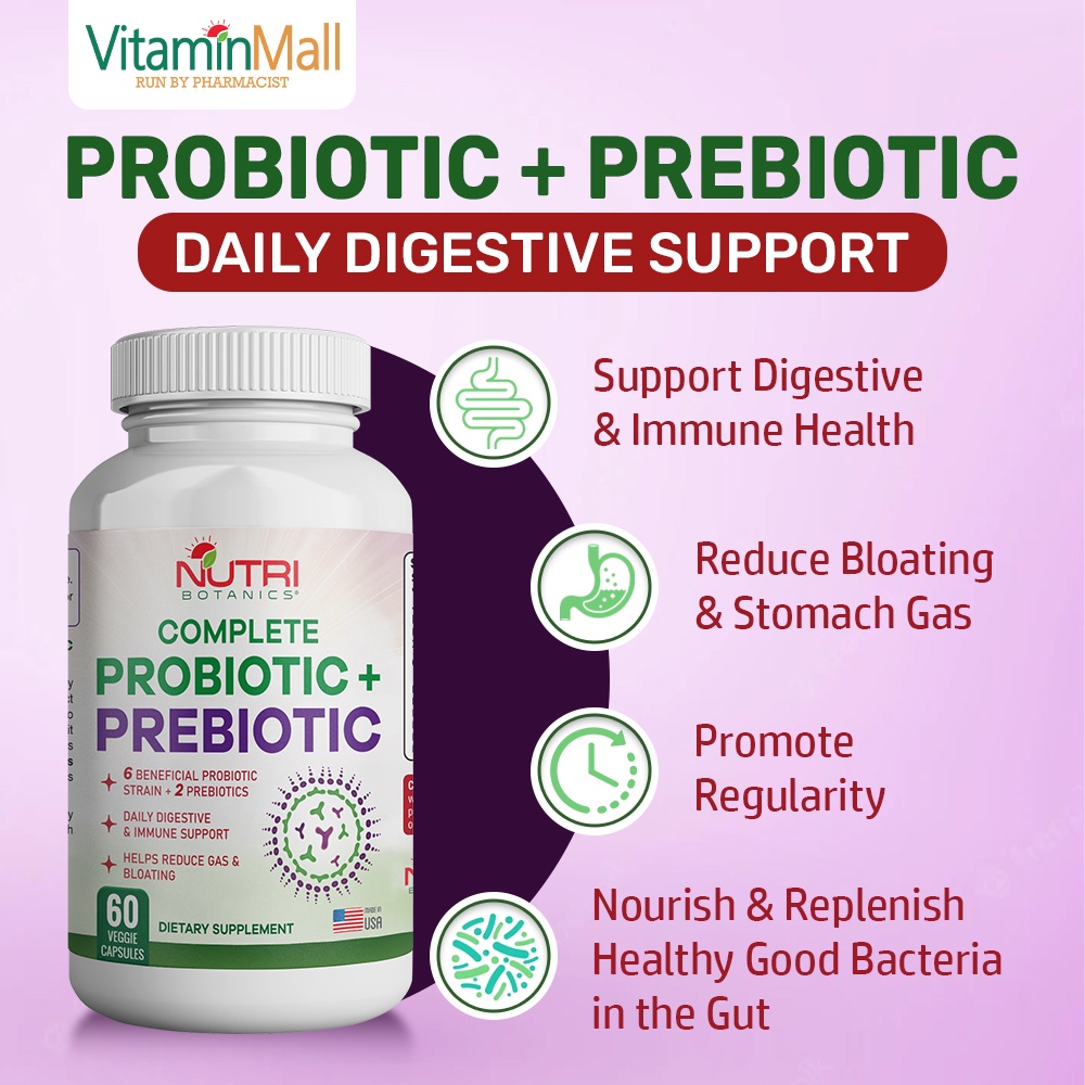 Nutri Botanics Prebiotic Probiotic Supplement - 6 Strain Probiotics ...
