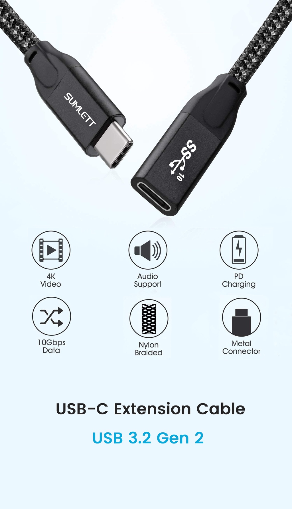 Sumlett USB Type C Extension Cable ,Nylon Braided USB 3.1 Gen 2 (10Gbps ...