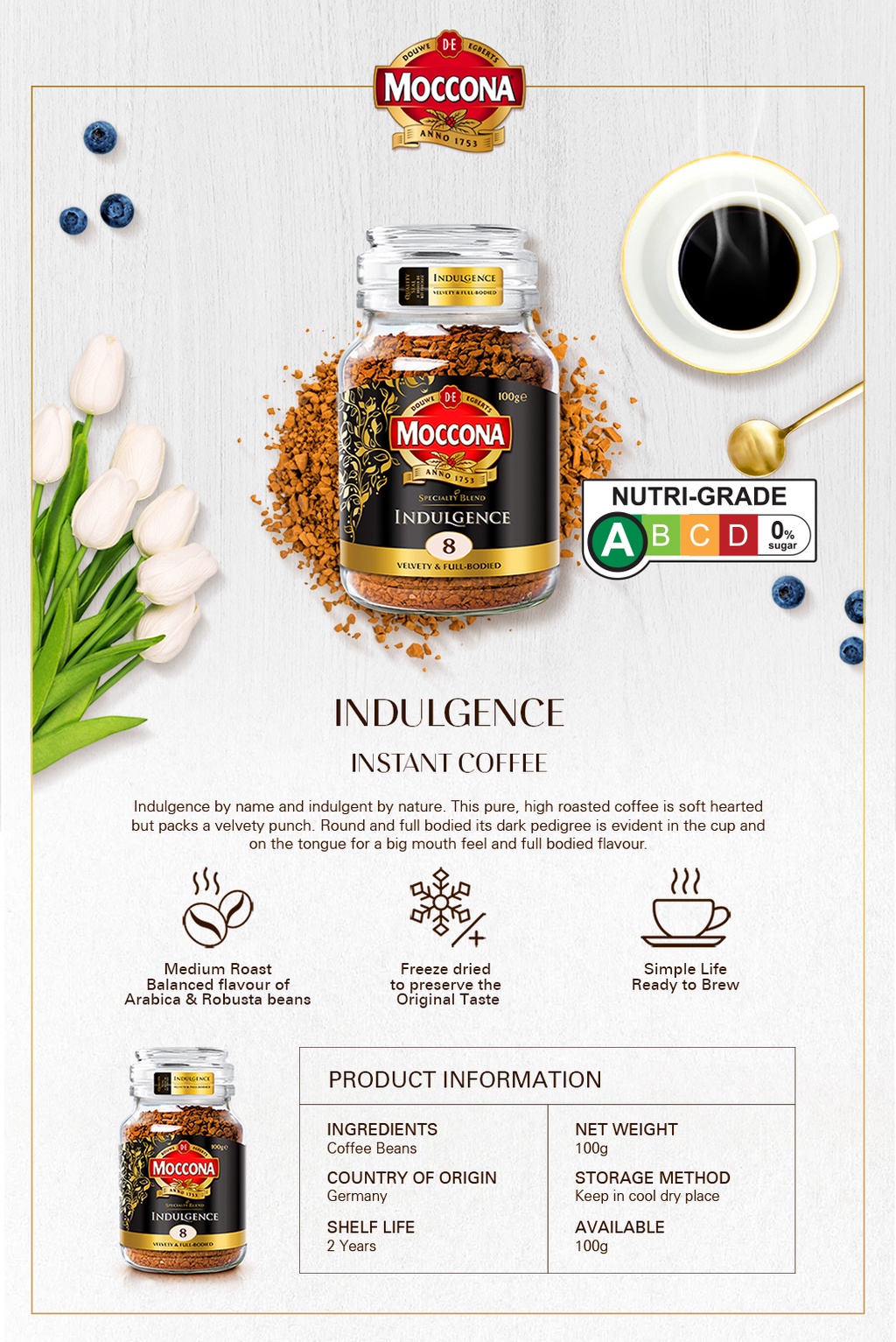 MOCCONA Indulgence Intensity 8 Freeze Dried Instant Coffee, 100g ...