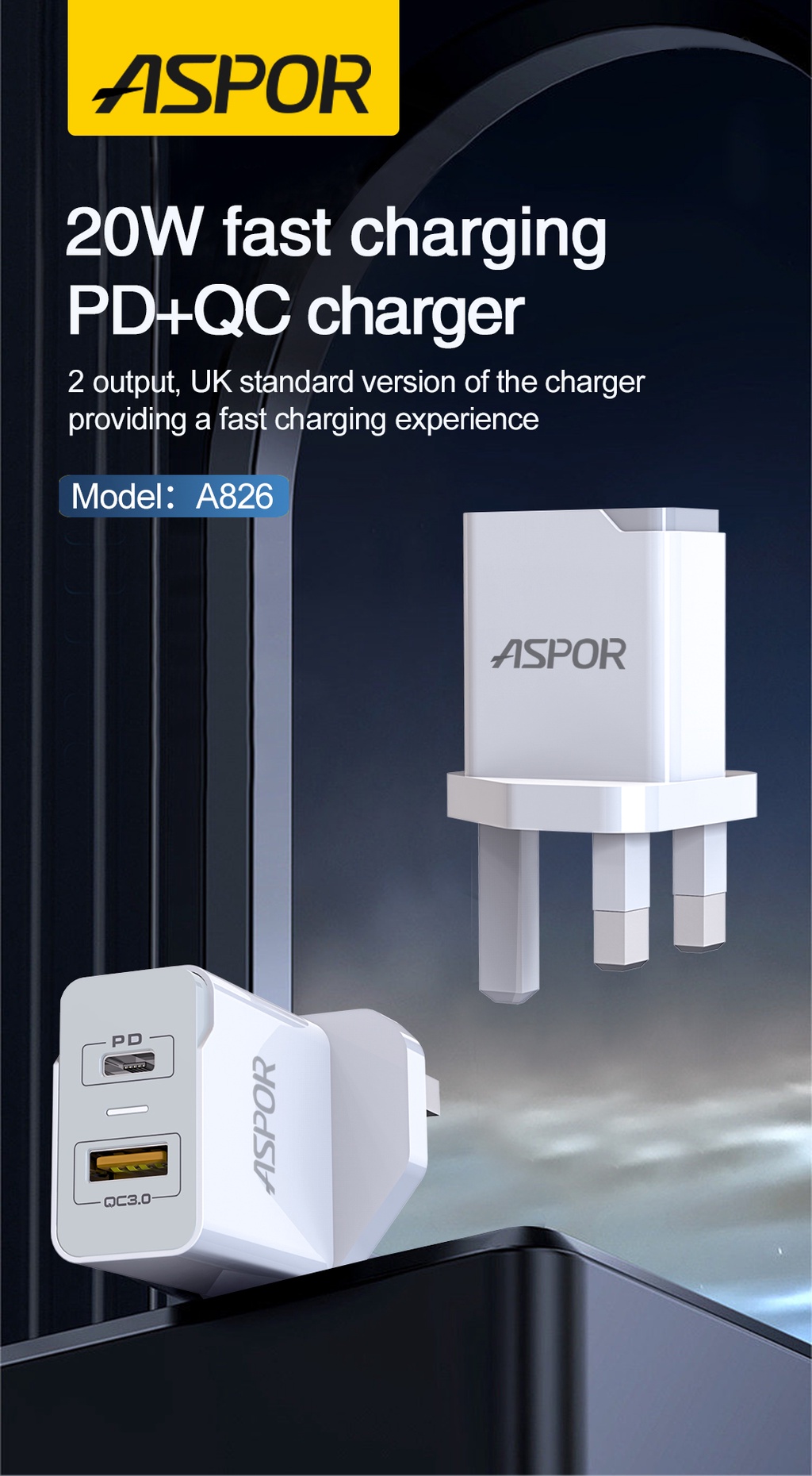 ASPOR 20W PD+QC3.0 Dual Port USB Type C Fast Charging UK Wall Plug Travel Charger Adaptor with ...